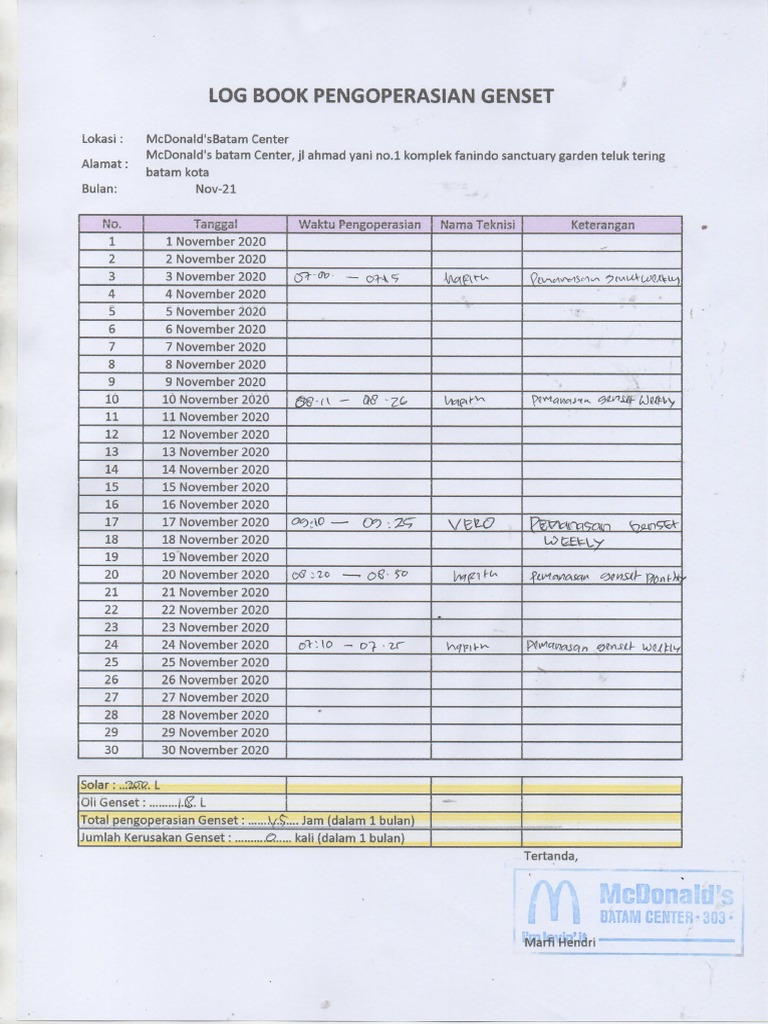 Logbook Genset November041 | PDF