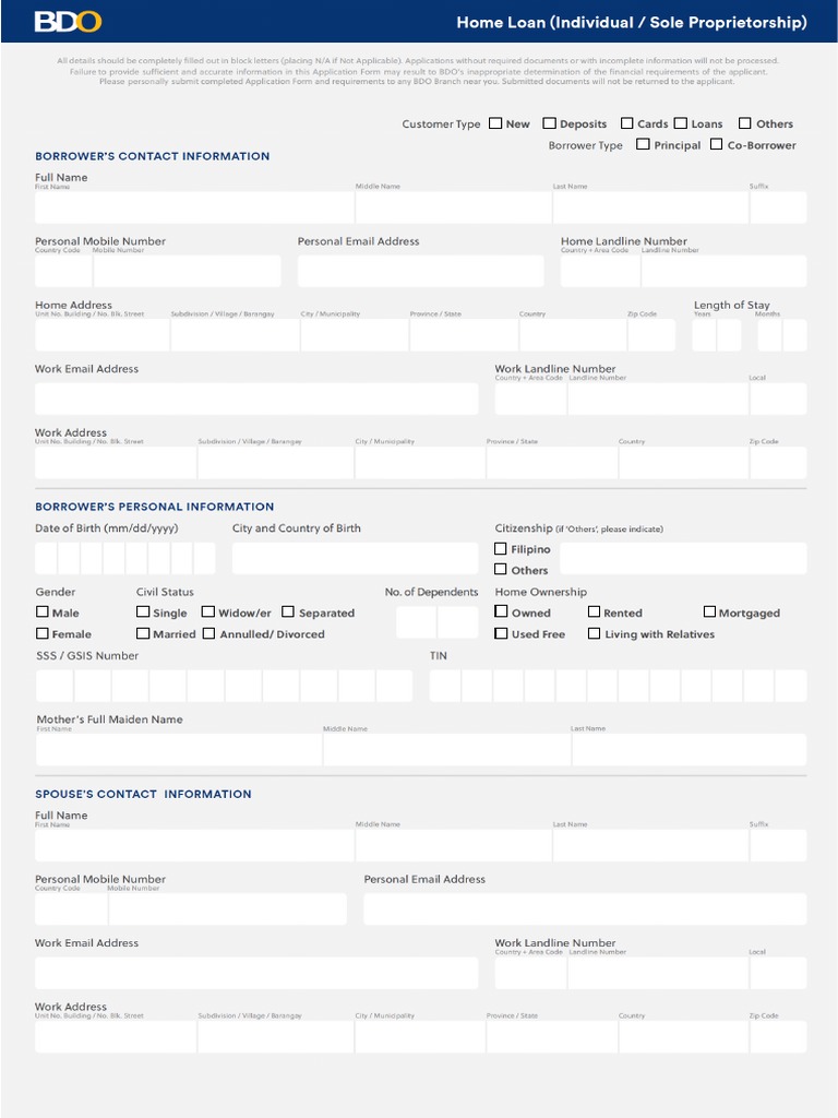 BDO Home Loan Application Form-FILLABLE (Ver 2021) | PDF