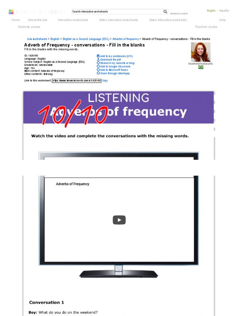 Adverb of Frequency - Conversations - Fill in The Blanks Worksheet ...