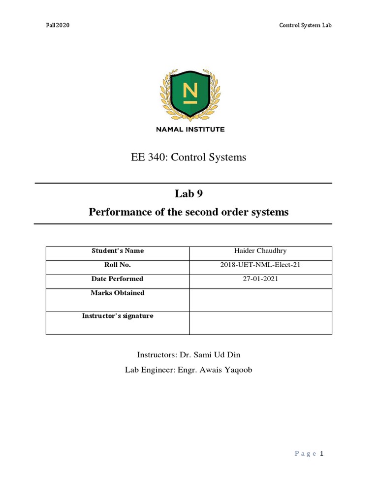 EE 340: Control Systems: Lab 9 Performance of The Second Order Systems | PDF | Cybernetics ...