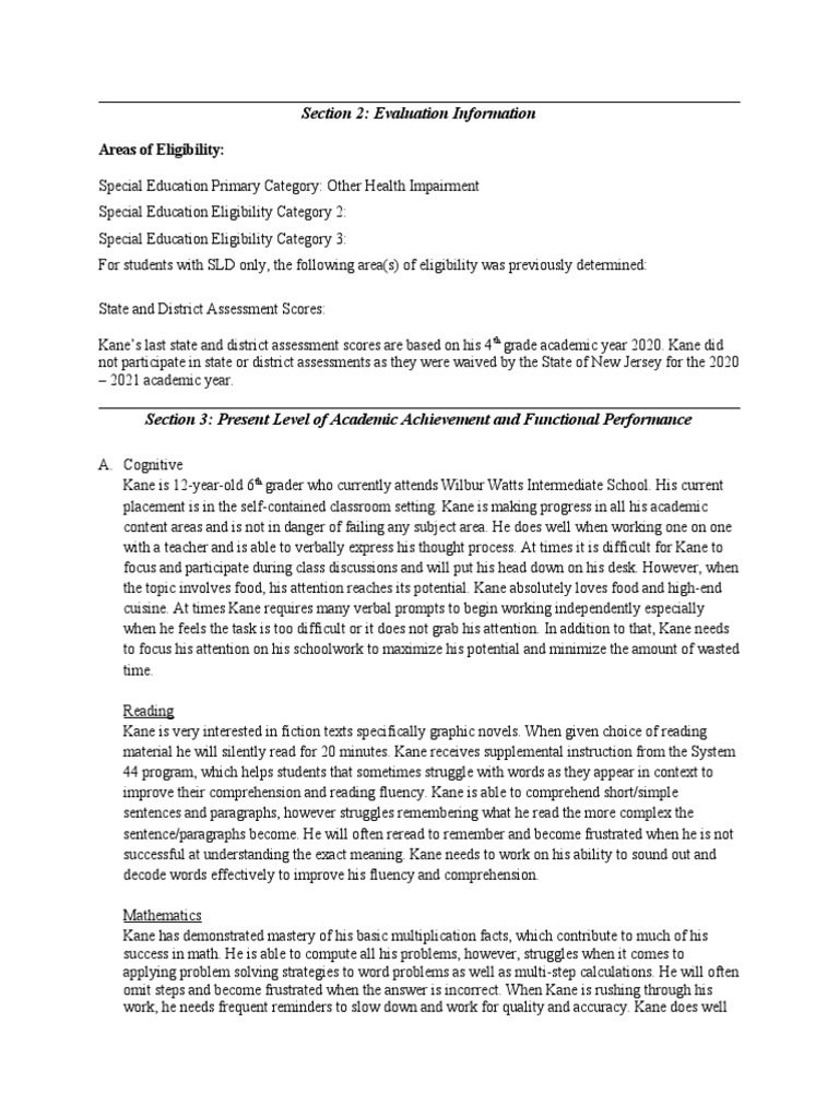 Section 2: Evaluation Information: Areas of Eligibility | PDF | Special ...