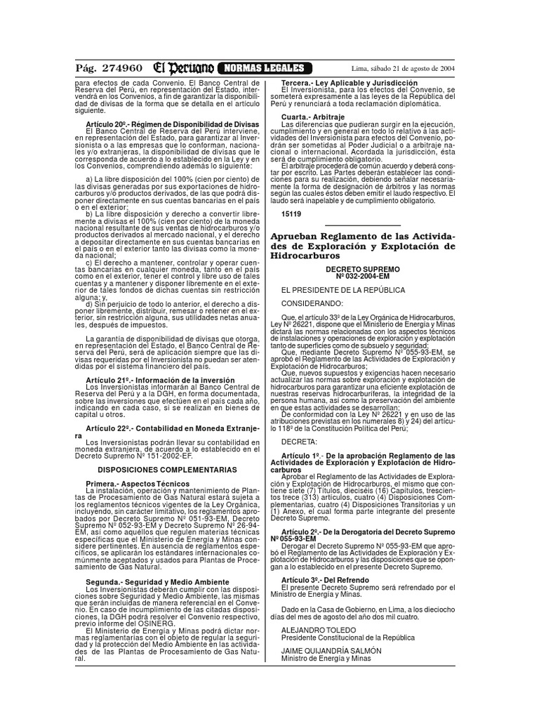 DS 032-2004-EM Regl. de Las Act. de Exploración y Explotación de Hidrocarburos | PDF | Pozo de ...