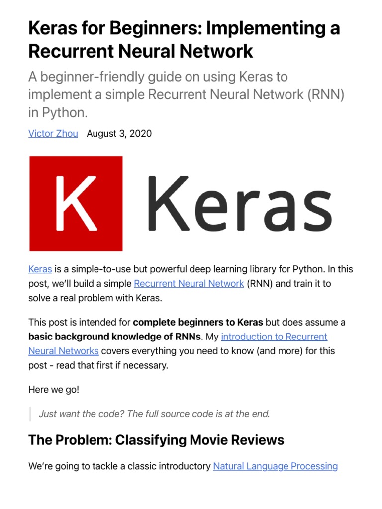 Keras For Beginners: Implementing A Recurrent Neural Network | Download Free PDF | Cognitive ...