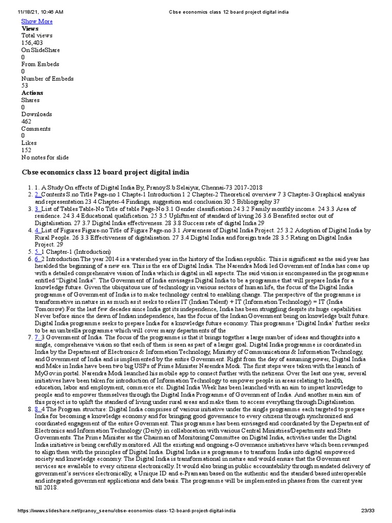 Cbse Economics Class 12 Board Project Digital India: Views | PDF ...