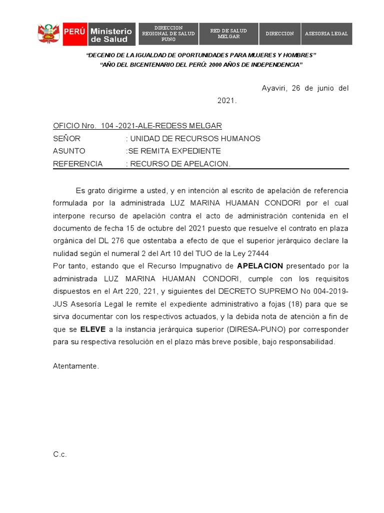 Oficio Nro 0104-2021-Se Eleve Apelacion A Diresa | PDF