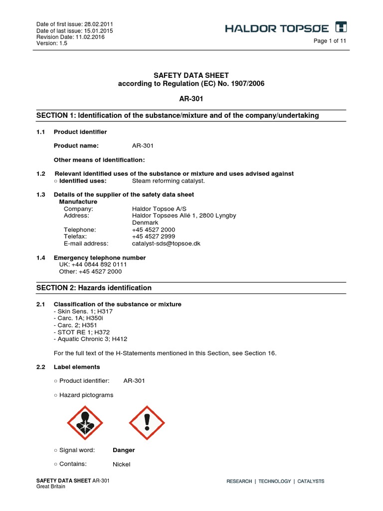 MSDS Ar-301 GB CLP en | PDF | Toxicity | Dangerous Goods