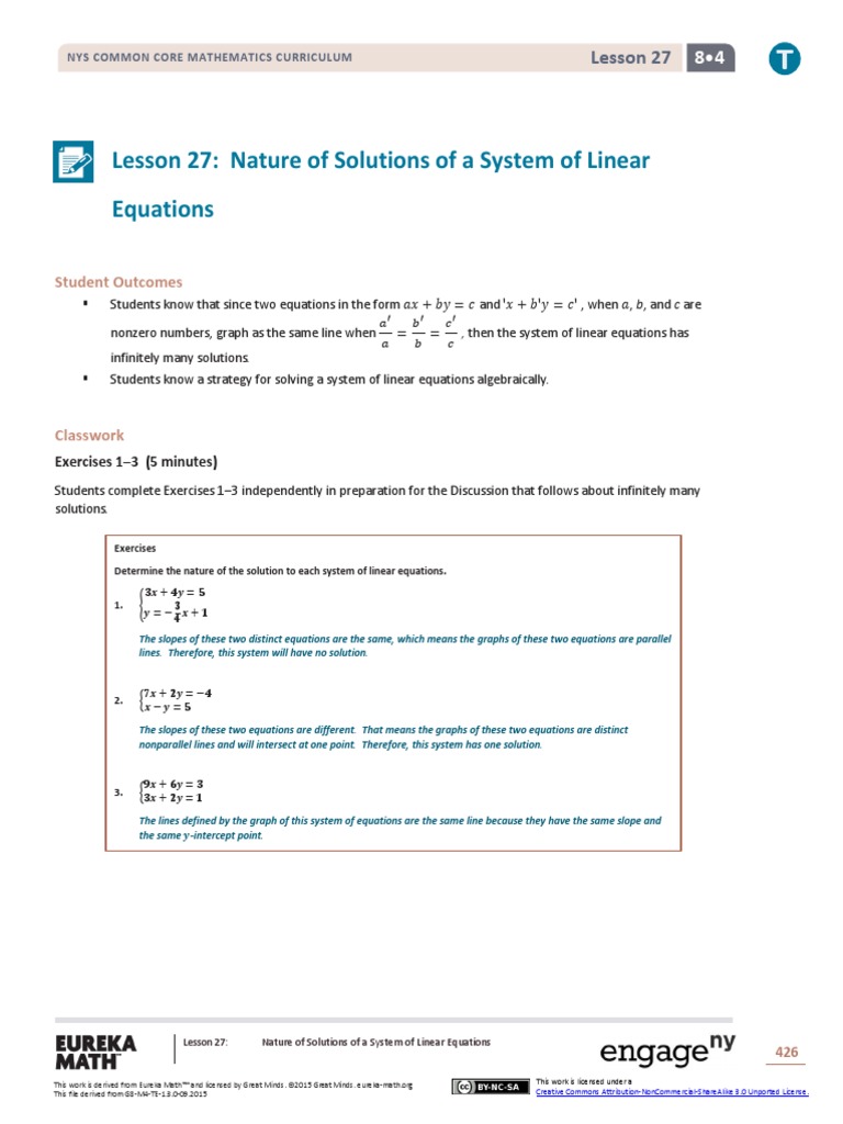 Math g8 m4 Topic D Lesson 27 Teacher | PDF | Equations | System Of ...