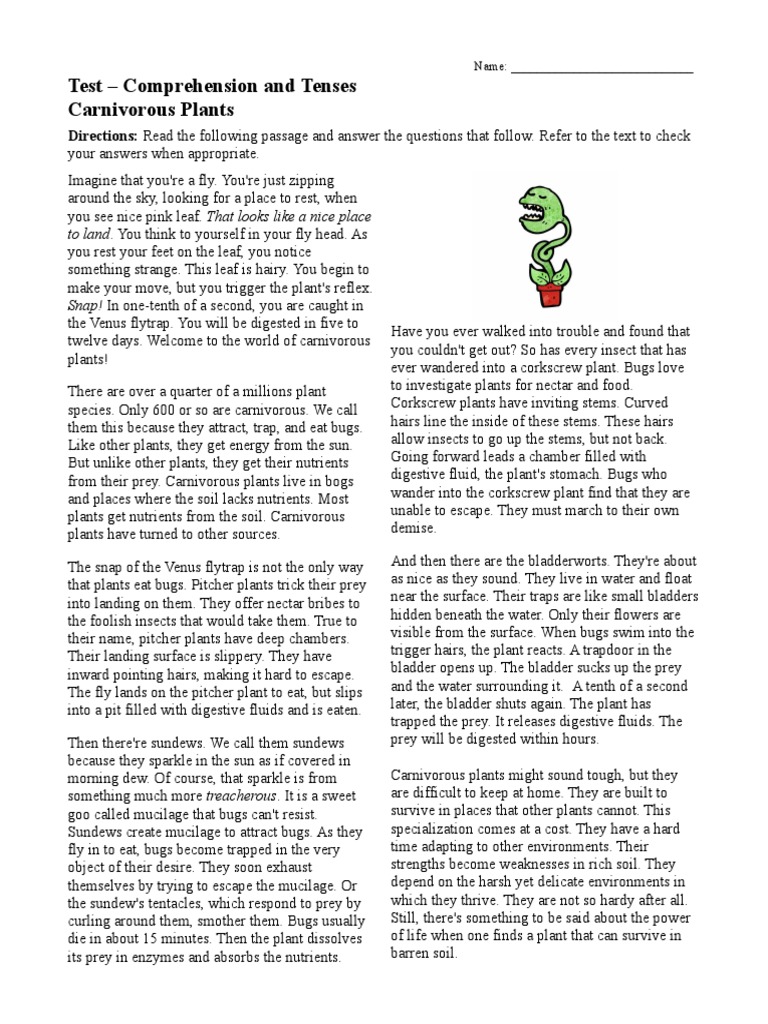 Test - Comprehension and Tenses Carnivorous Plants | PDF | Biology | Plants