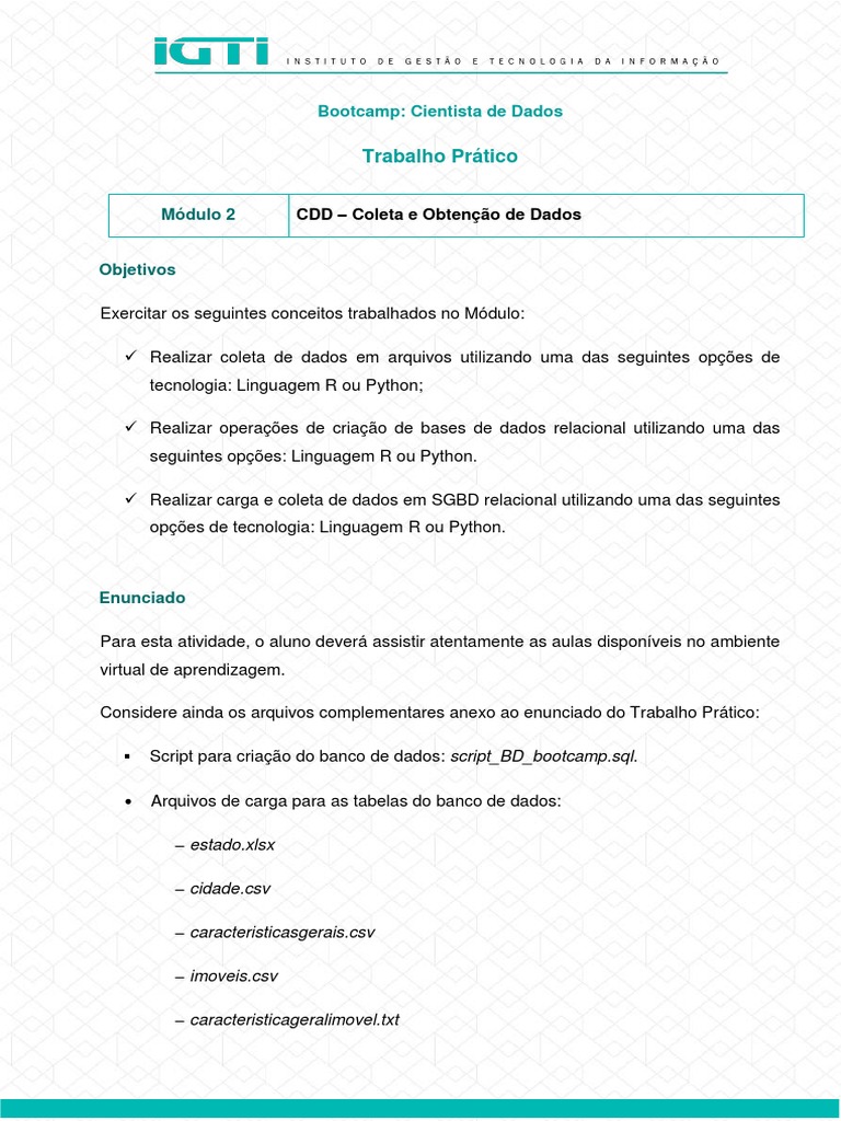 Enunciado Do Trabalho Prático - Módulo 2 - Bootcamp Cientista de Dados-1 | PDF | Bancos de dados ...
