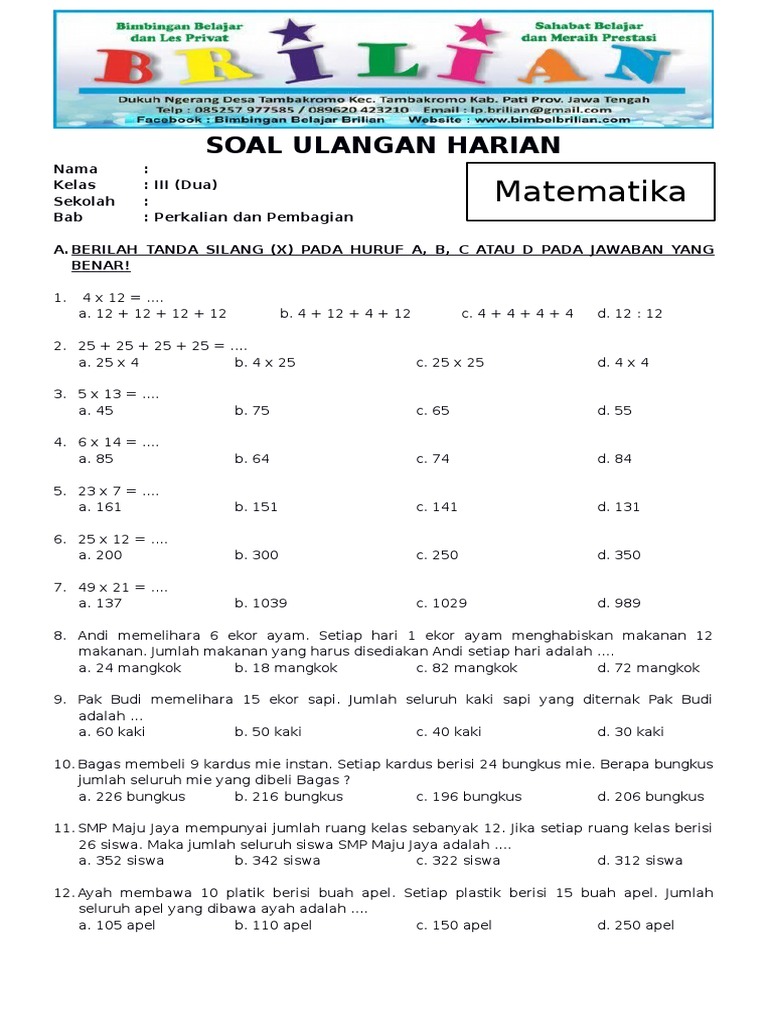 Soal Matematika Kelas 3 SD Bab 3 Perkalian Dan Pembagian Dan Kunci ...