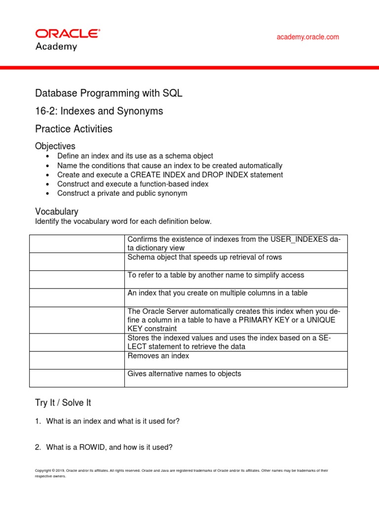 Database Programming With Sql 16 2 Indexes And Synonyms Practice Activities Pdf Database