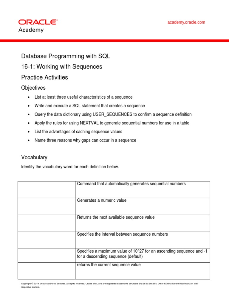 Database Programming With Sql 16 1 Working With Sequences Practice Activities Pdf