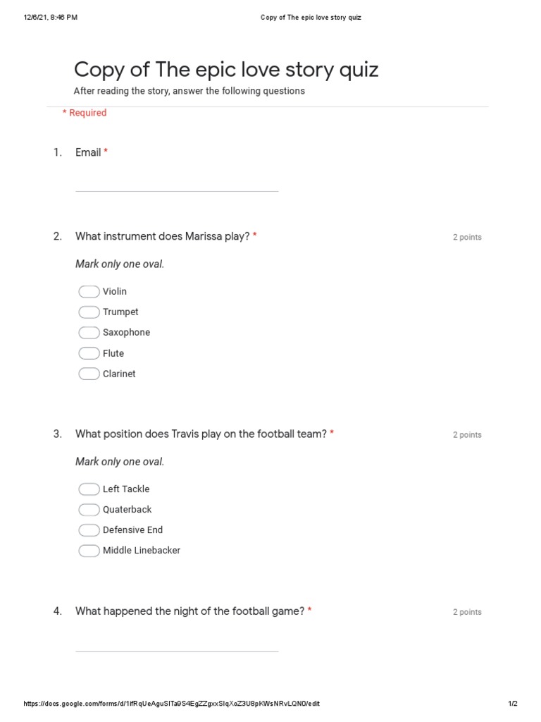 The Epic Love Story Quiz - Google Forms | PDF