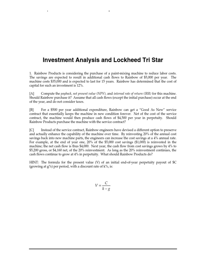 Investment Analysis and Lockheed Tri Star: V C KG | PDF | Net Present ...