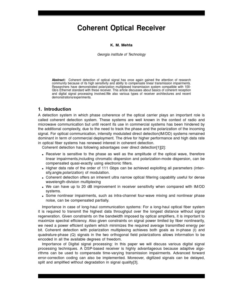 Optical Coherent Detection | PDF | Detector (Radio) | Signal To Noise Ratio