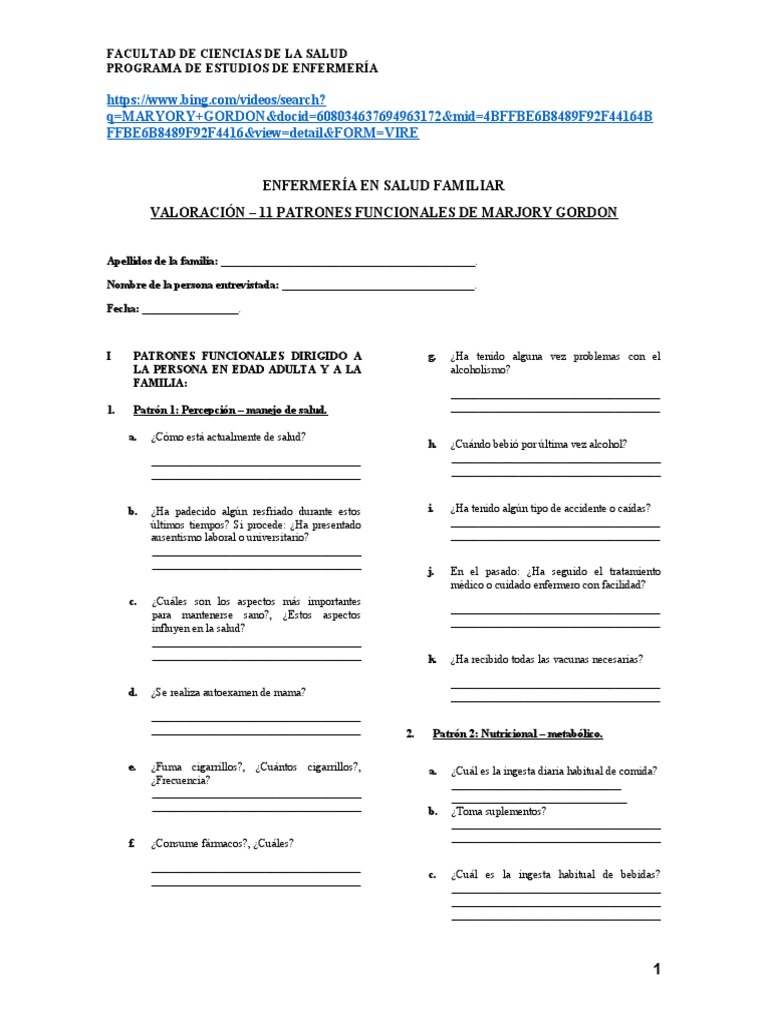 Valoración - 11 Patrones Funcionales de Marjory Gordon | PDF | Menstruación | Enfermería