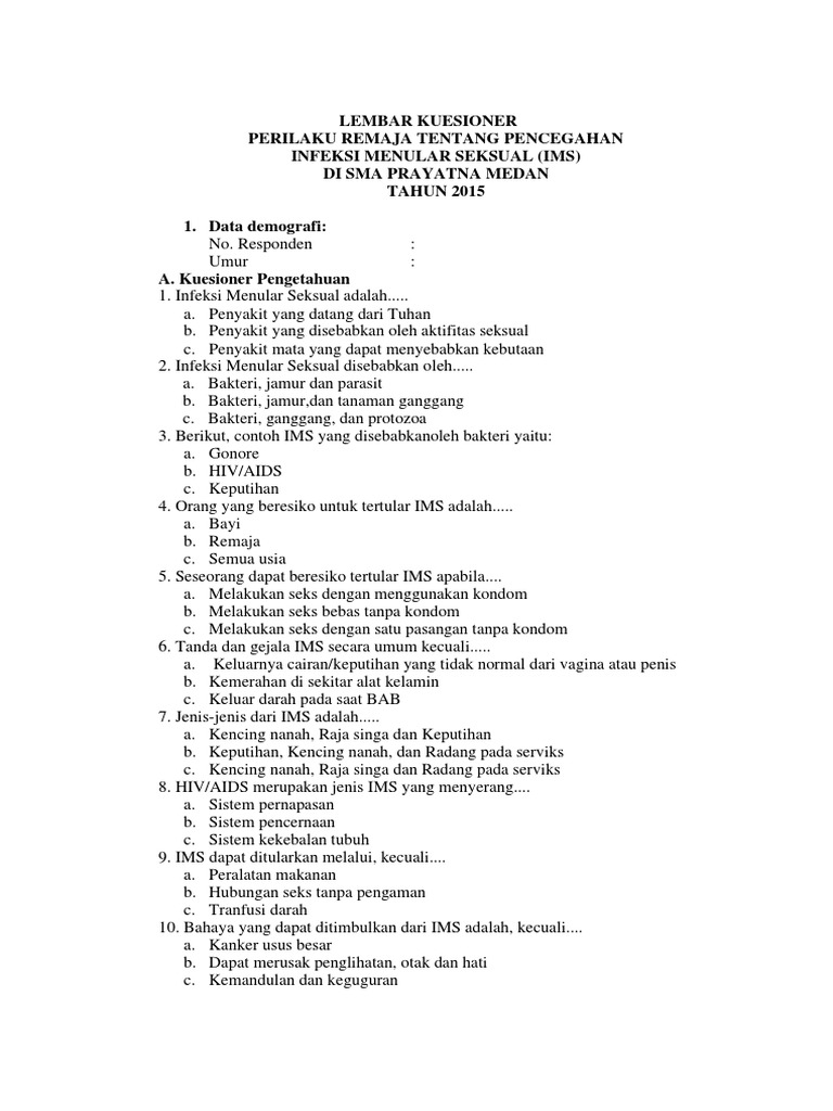 Lembar Kuesioner Perilaku Remaja Tentang Pencegahan Infeksi Menular Seksual (Ims) Di Sma ...