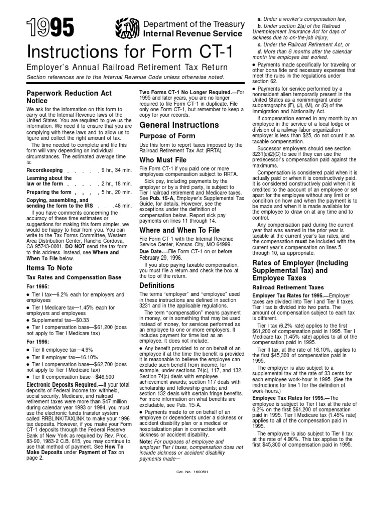 Instructions For Form CT-1: Department of The Treasury | PDF | Employee ...