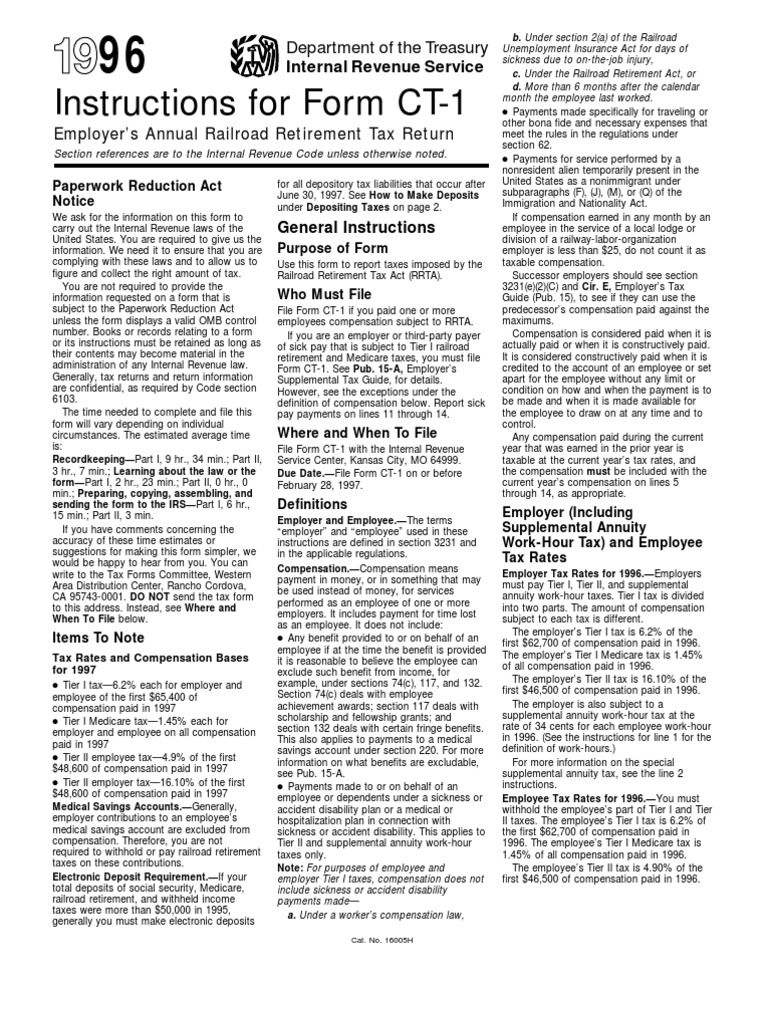 Instructions For Form CT-1: Department of The Treasury | PDF | Employee ...