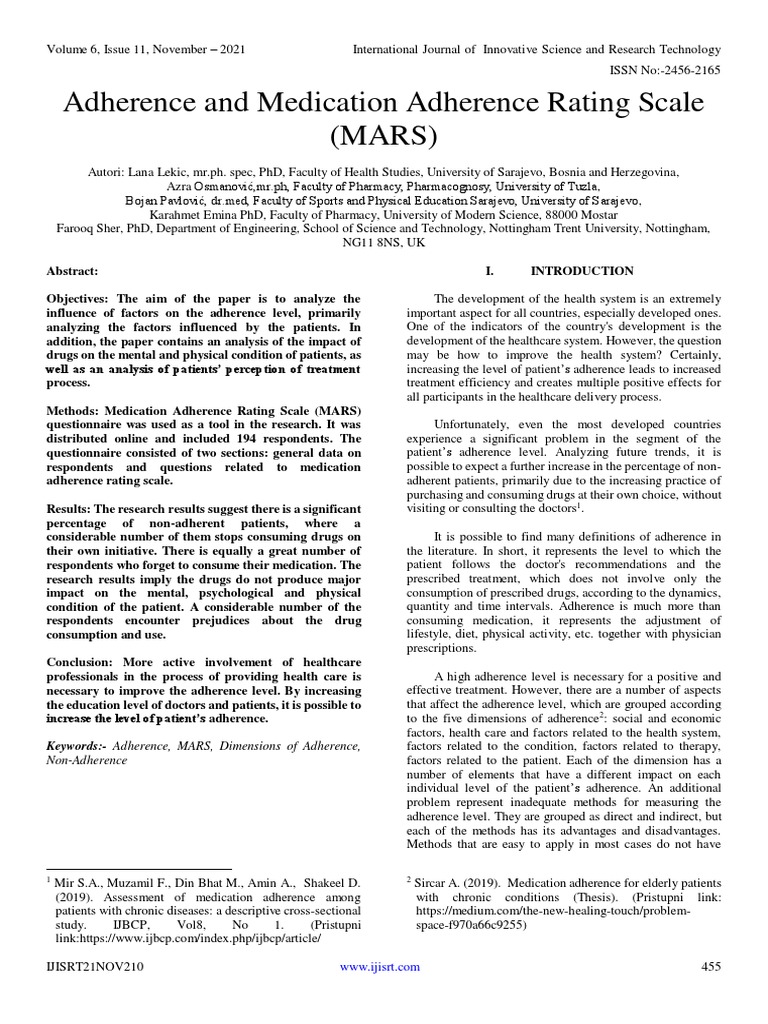 Adherence and Medication Adherence Rating Scale (MARS) | PDF ...