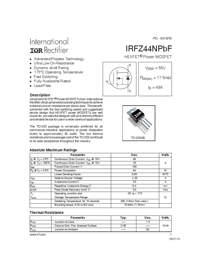 Infineon IRFZ44N DataSheet v01 - 01 EN | PDF | Field Effect Transistor | Mosfet