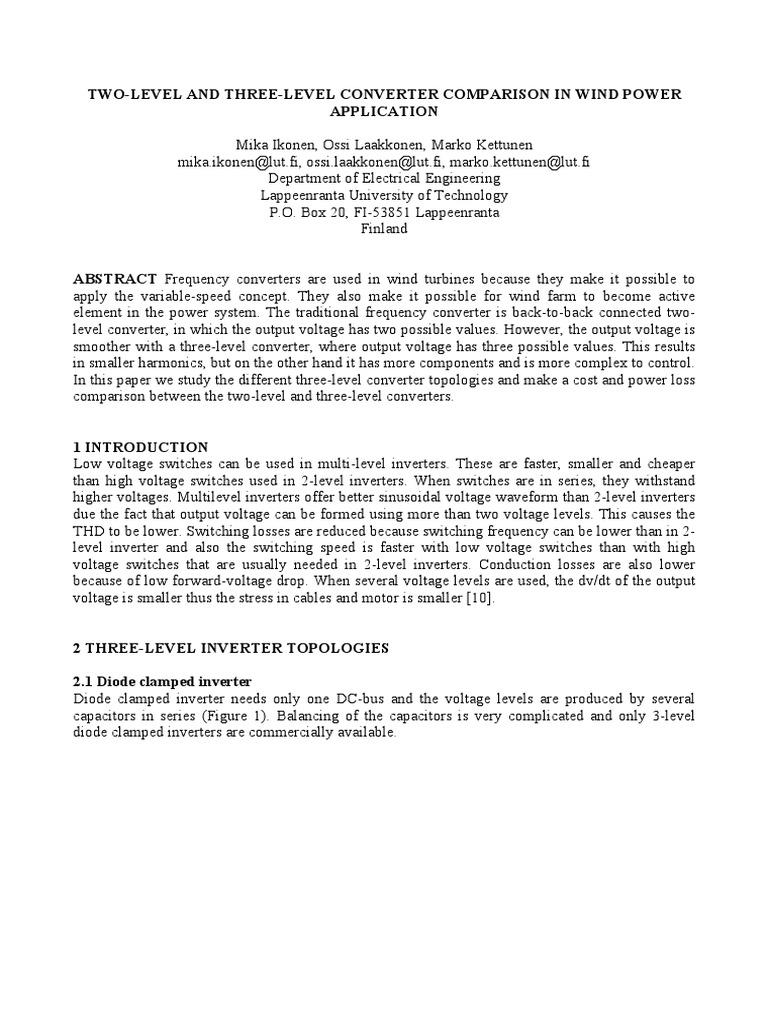 Two-Level and Three-Level Converter Comparison in Wind Power ...