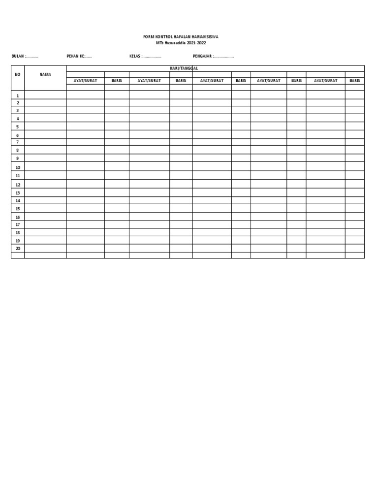 Form Hafalan Siswa | PDF