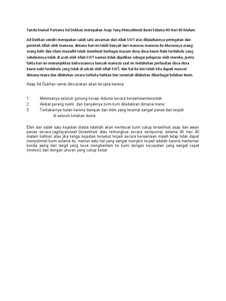 Ad Dukhan: Asap 40 Hari Tanda Kiamat | PDF