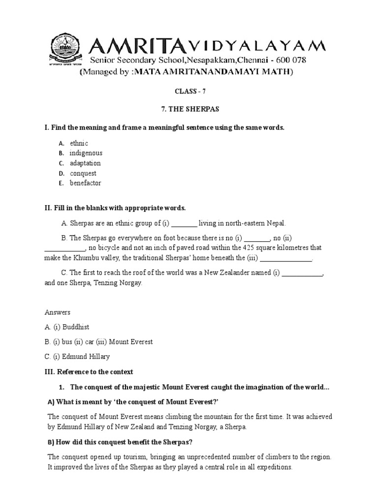 Class 7 Lesson 7. The Sherpas | Download Free PDF | Mount Everest | Noun