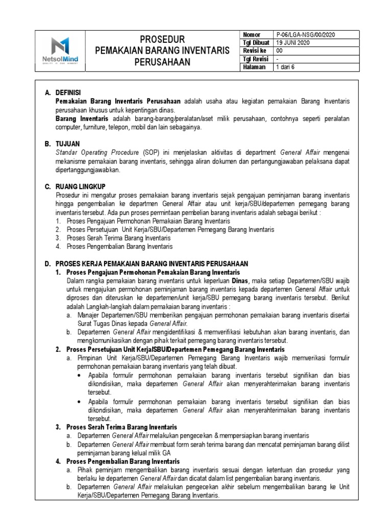 SOP Pemakaian Barang Inventaris | PDF
