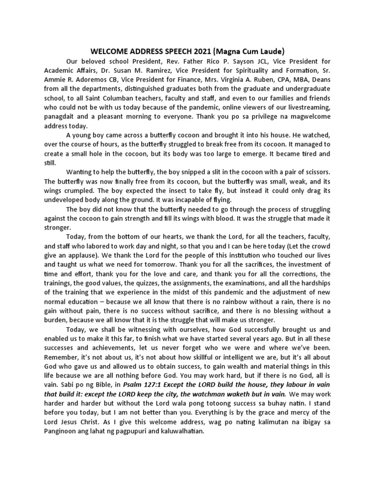 Welcome Address for Graduation 2021 | PDF