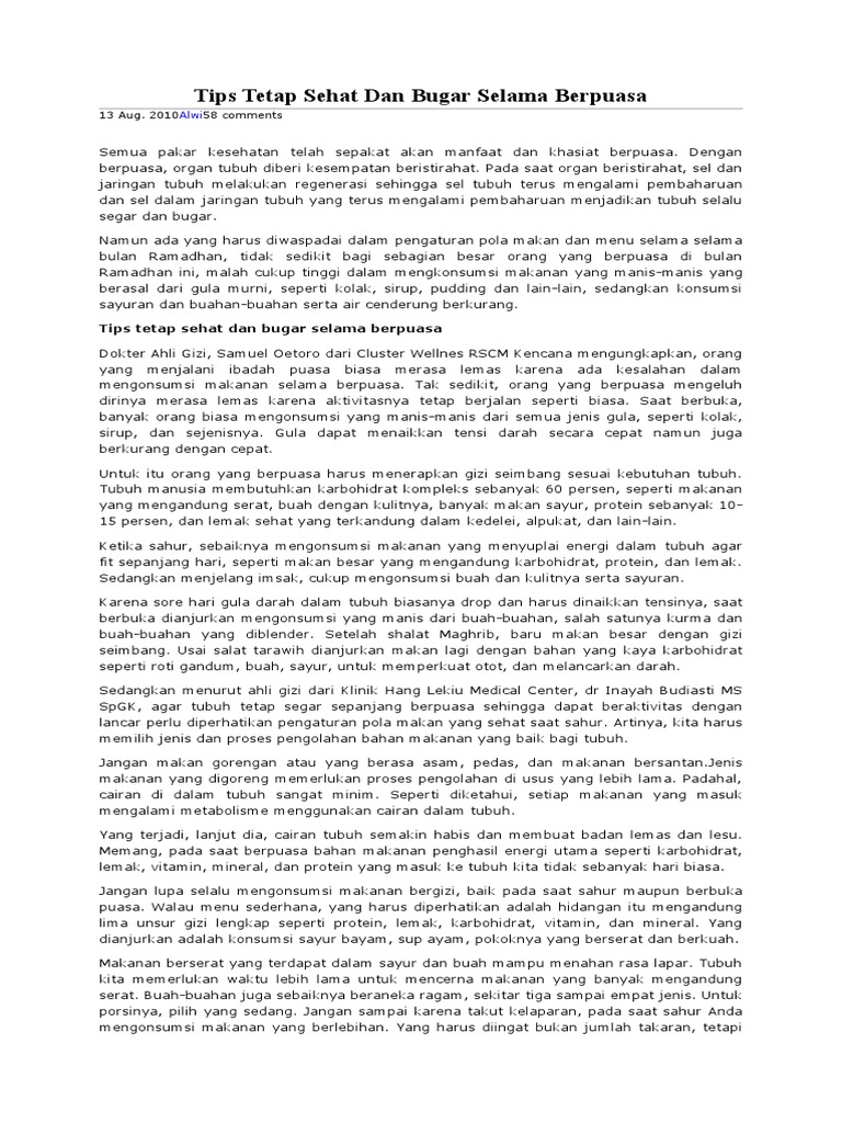 Tips Tetap Sehat Dan Bugar Selama Berpuasa | PDF