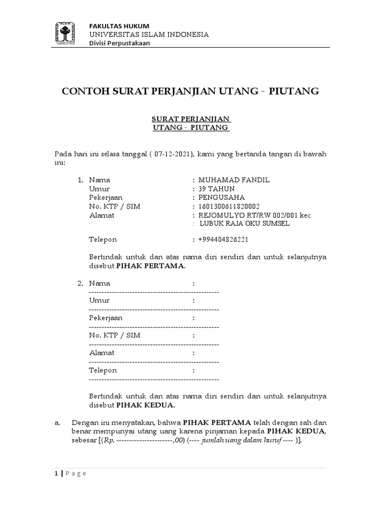Contoh Surat Perjanjian Utang Piutang | PDF