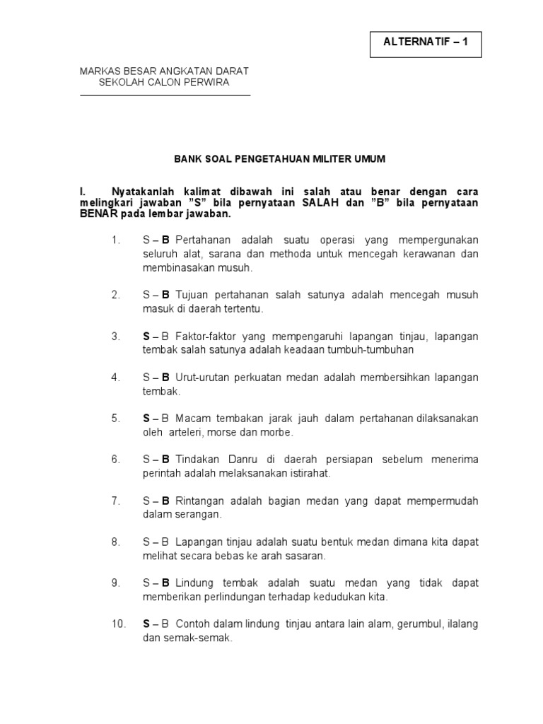 Markas Besar Angkatan Darat Sekolah Calon Perwira: Bank Soal ...
