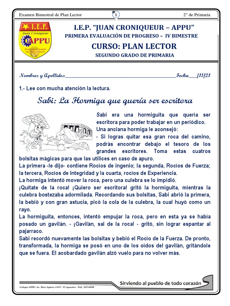 Examen Bimestral de Plan Lector Iv Bimestre | PDF