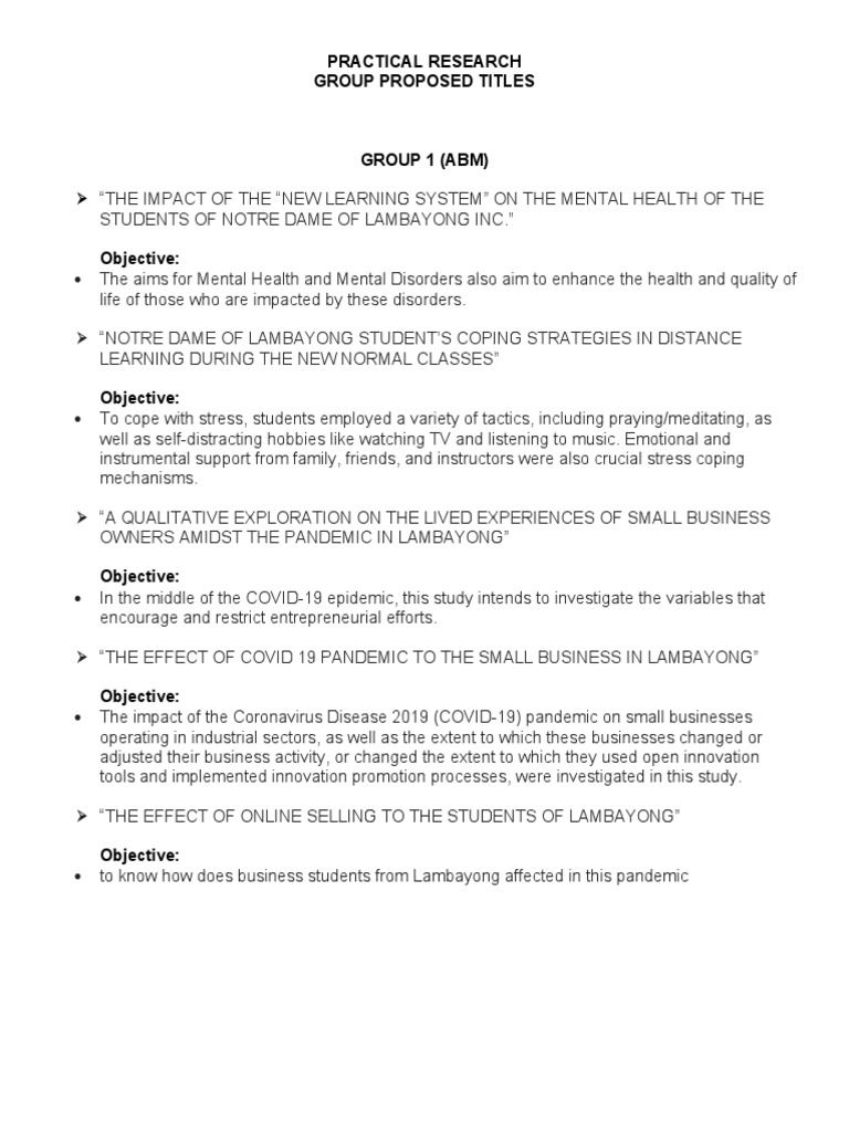 Practical Research Group Titles | PDF | Mental Health | Teachers