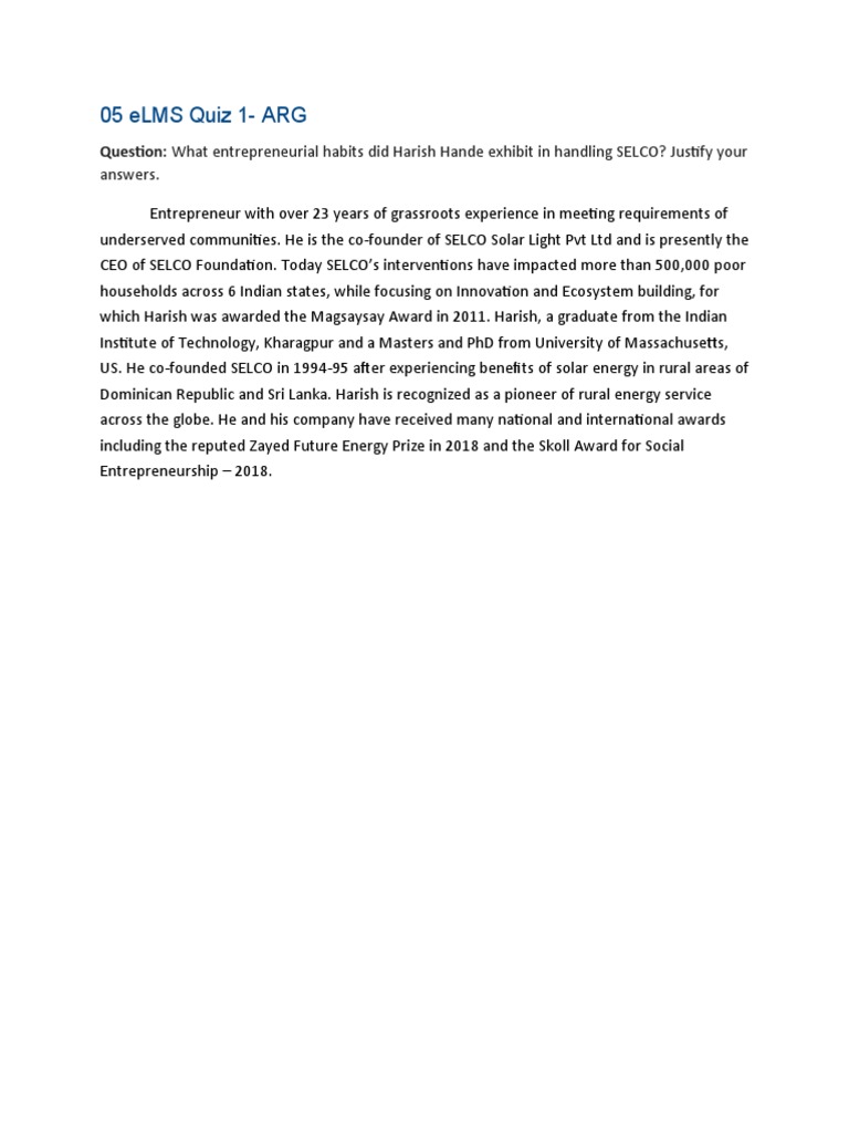 05 eLMS Quiz 1-ARG: Answers | PDF