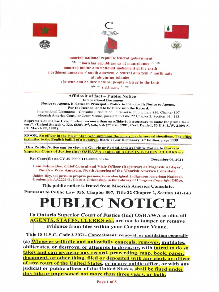 Public Notice to Ontario Superior Court of Justice Inc OSHAWA, et alia ...