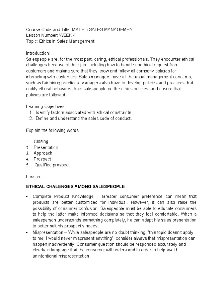 Lesson 4 Ethics in Sales Management | PDF | Sales | Pricing