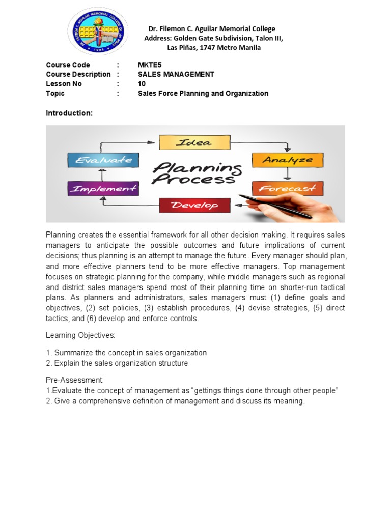 Lesson 10 Sales Force Planning and Organization | PDF | Sales | Planning