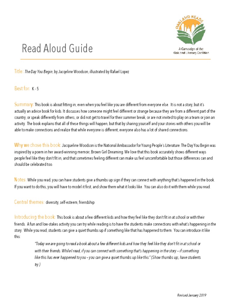 Read Aloud Guide: Title: Best For: Summary | PDF