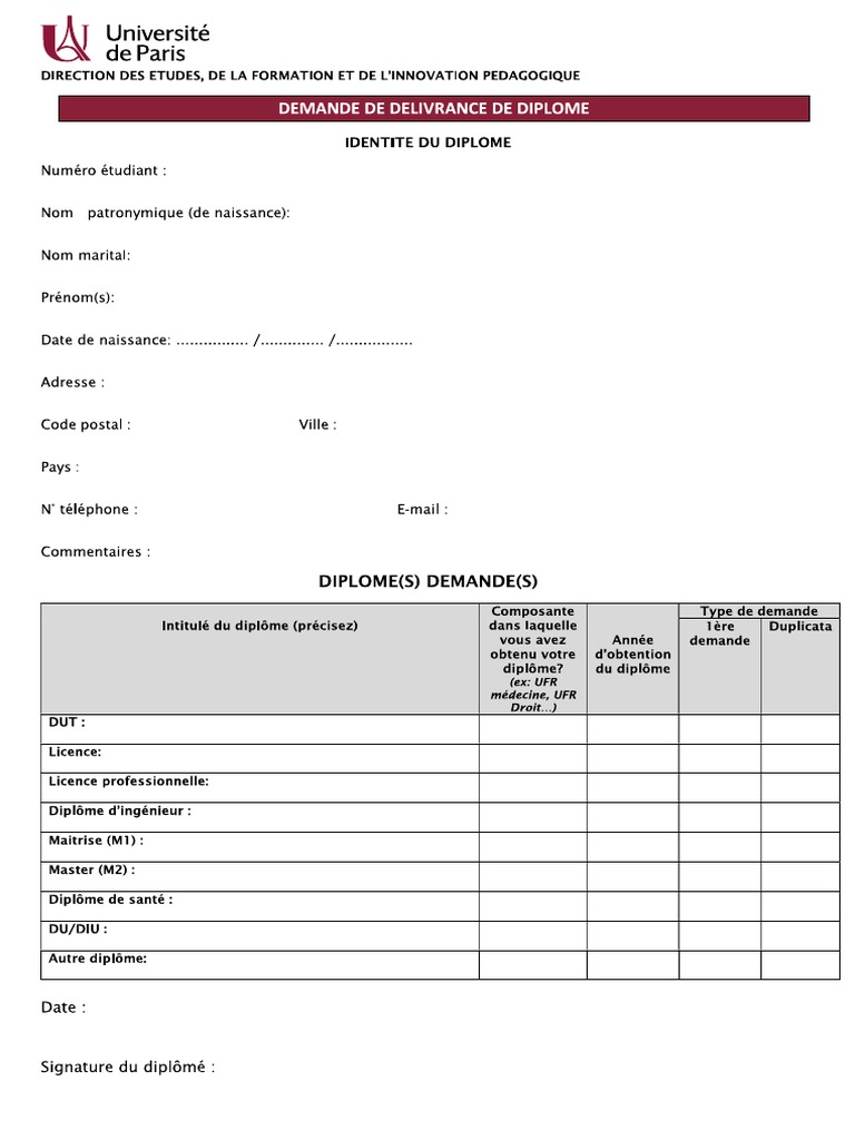 Formulaire Demande de Diplôme | PDF
