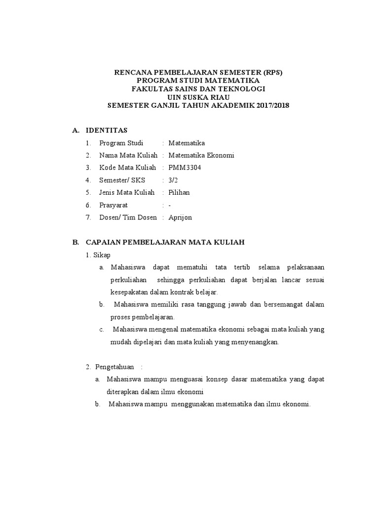 RPS Matematika Ekonomi | PDF