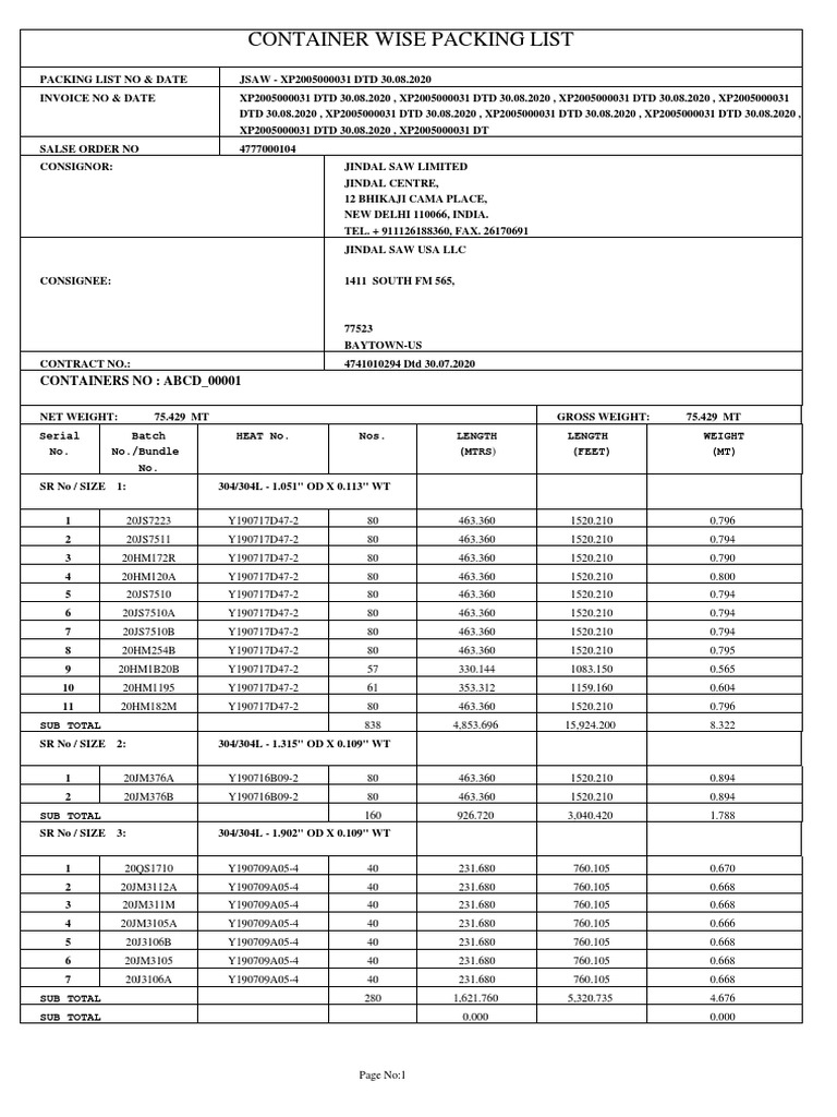 Packing List CB10000039 | PDF