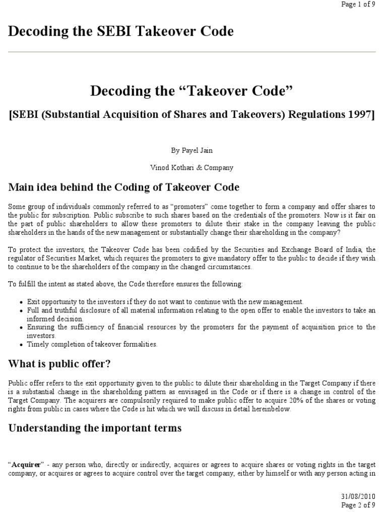 Takeover Code | Takeover | Mergers And Acquisitions