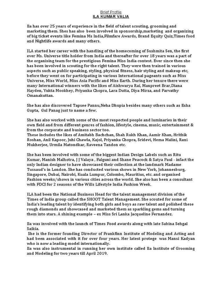 Brief Profile - Ms - ILA Kumar | PDF | Film Production Districts | Bollywood