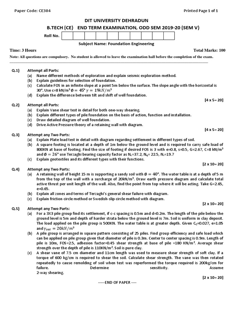 Foundation Engineering Exam Paper CE304 | PDF | Deep Foundation ...