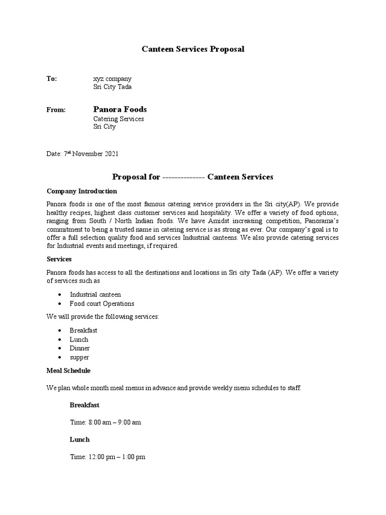 Canteen Services Proposal by Panora Foods | PDF | Cafeteria | Menu
