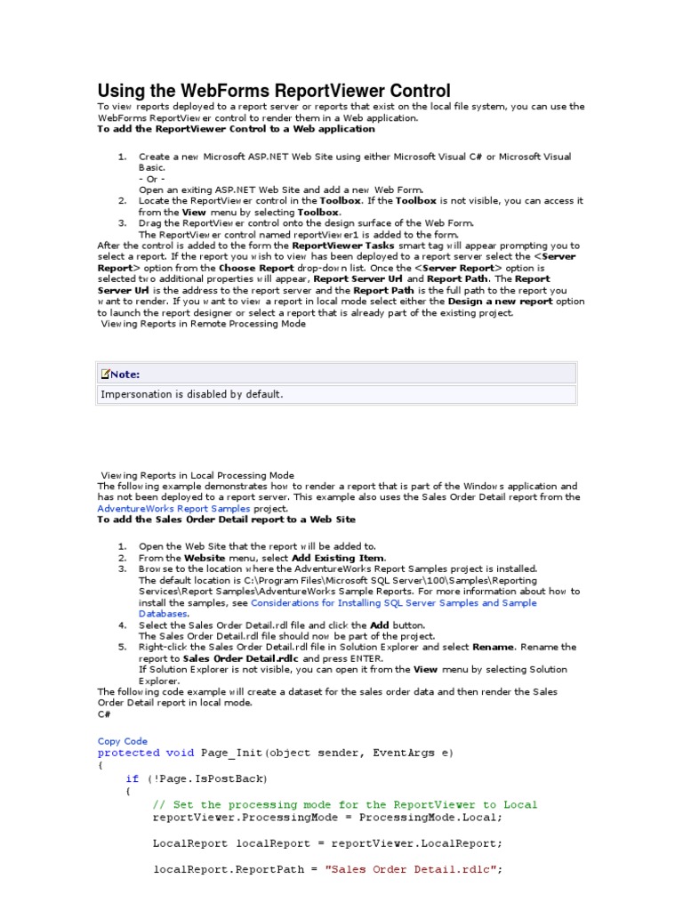 Using The Webforms Report Viewer Control Pdf Microsoft Sql Server Websites 
