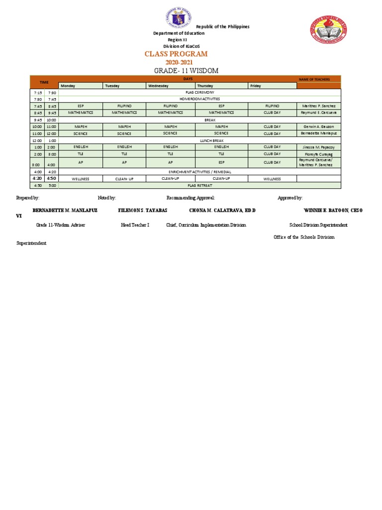 Class Program: Grade-11 Wisdom | PDF